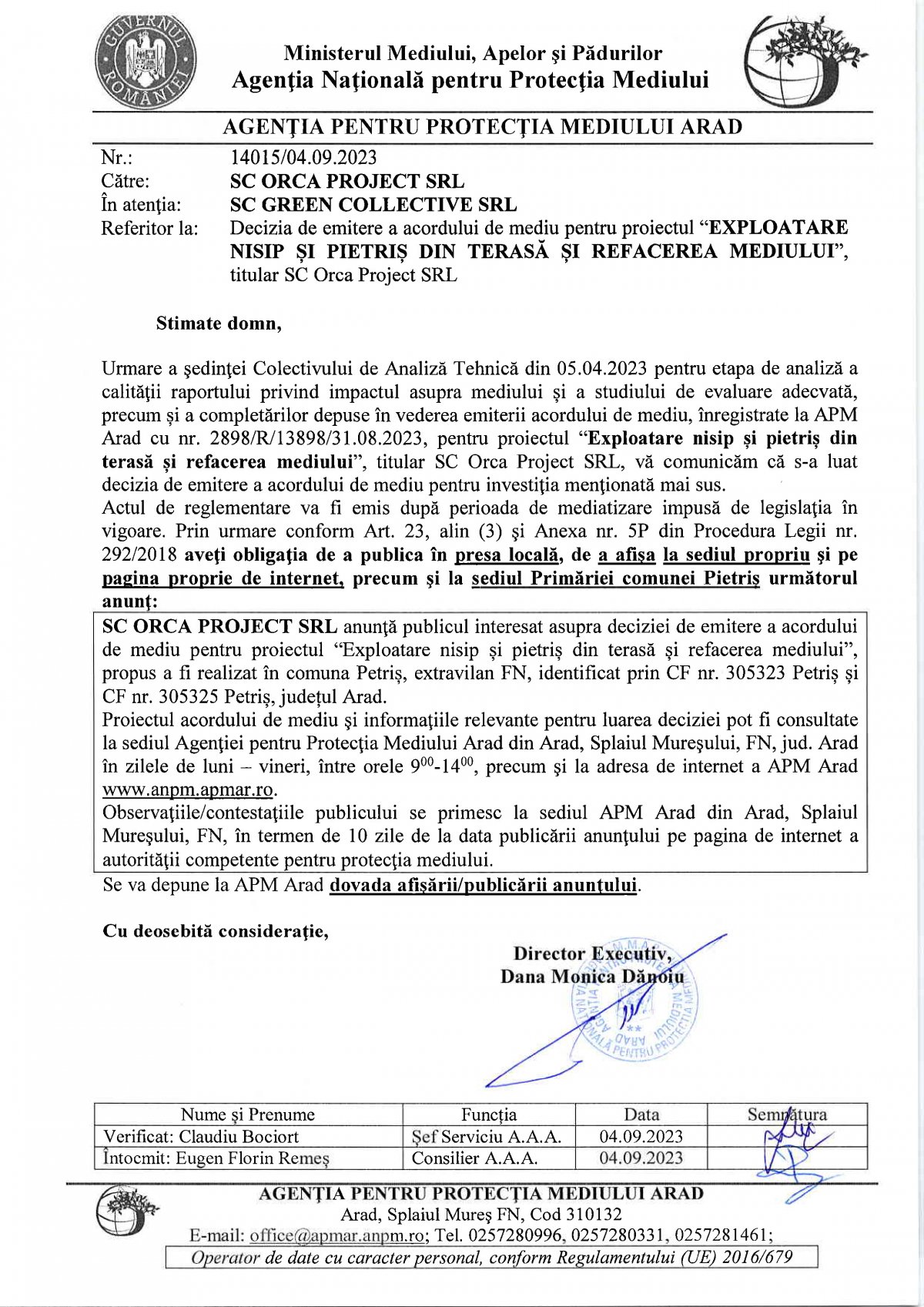 Decizia de emitere a acordului de mediu pentru proiectul "EXPLOATARE NISIP ȘI PIETRIȘ DIN TERASA ...